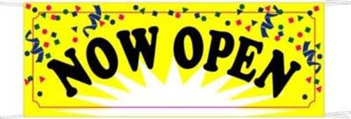 Now Open | Vinyl Banner w/ Grommets | Ready to Hang | 3'H x 8'W