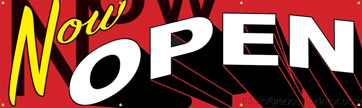 Now Open | Vinyl Banner w/ Grommets | 3’H x 10’W